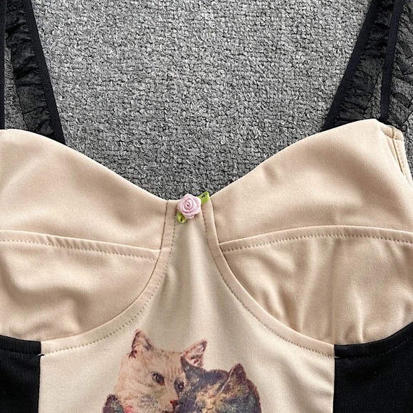 Tops | Tan Black Lace Straps Cats Cropped Corset Top | Poshmark